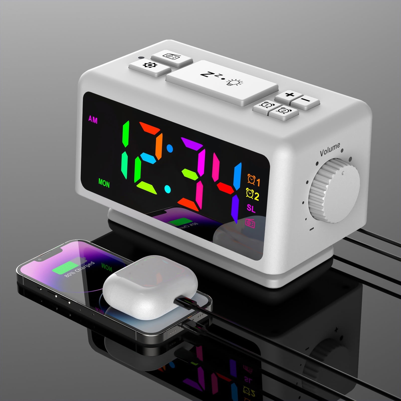 Byikun Clearance Sales! Perpetual Calendar FM Radio Alarm Clock RGB Colorful Mirror Large Screen ...