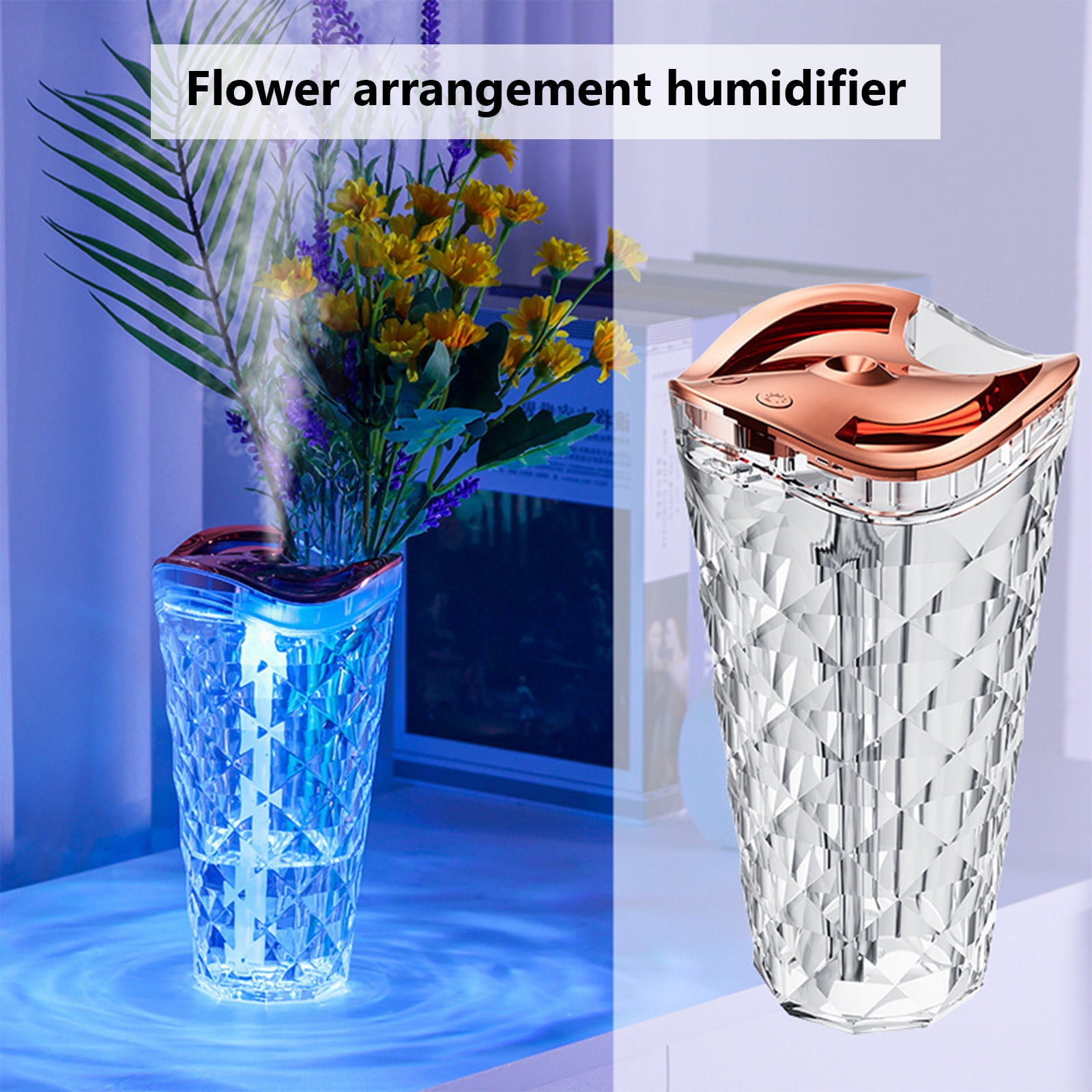 Byikun Rose Gold Flower Arrangement Crystal Humidifier with 7-Color ...