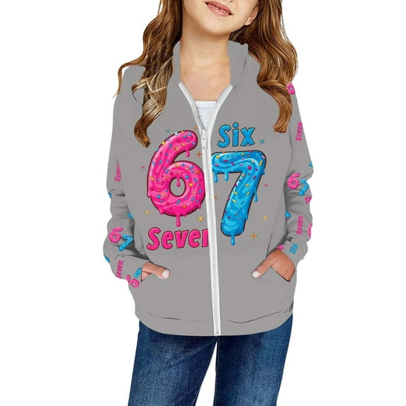 Byoo 67 Number Graphic Tween Girl Hoodie Full Zip Kangaroo Pockets Full ...