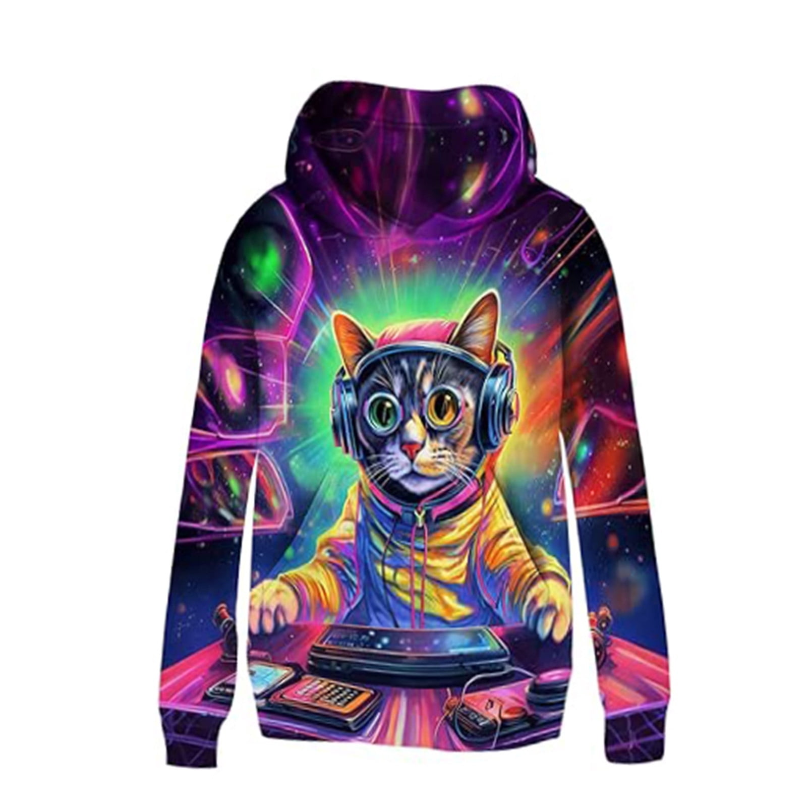 Byoo Big Boys DJ Cat Cyber Neon Printed Hoodie Pullover Full-Sleeved ...