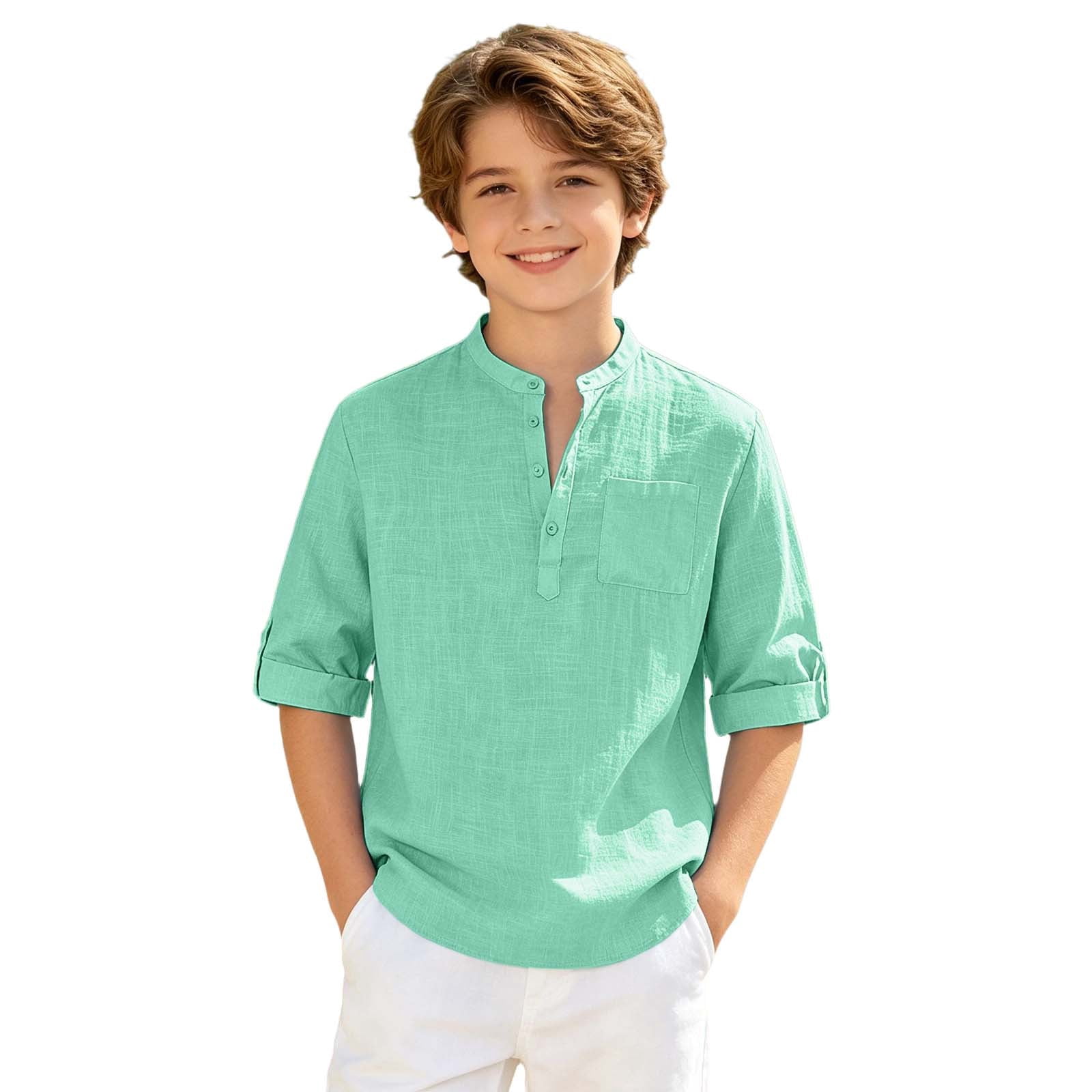 Byoo Big Boys Summer Linen Henley Shirt Roll Tab Sleeve Solid Color ...