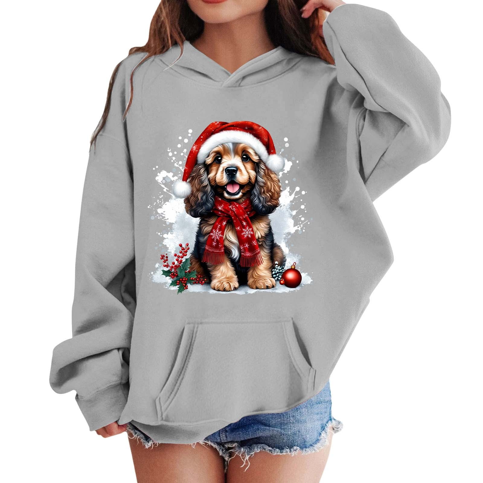 Byoo Big Girl Hoodie Christmas Puppy Printing Cozy Hooded Oversized ...