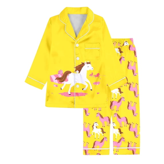 Byoo Big Girl Horse Print Satin Homewear Set Soft Casual Button-Up ...