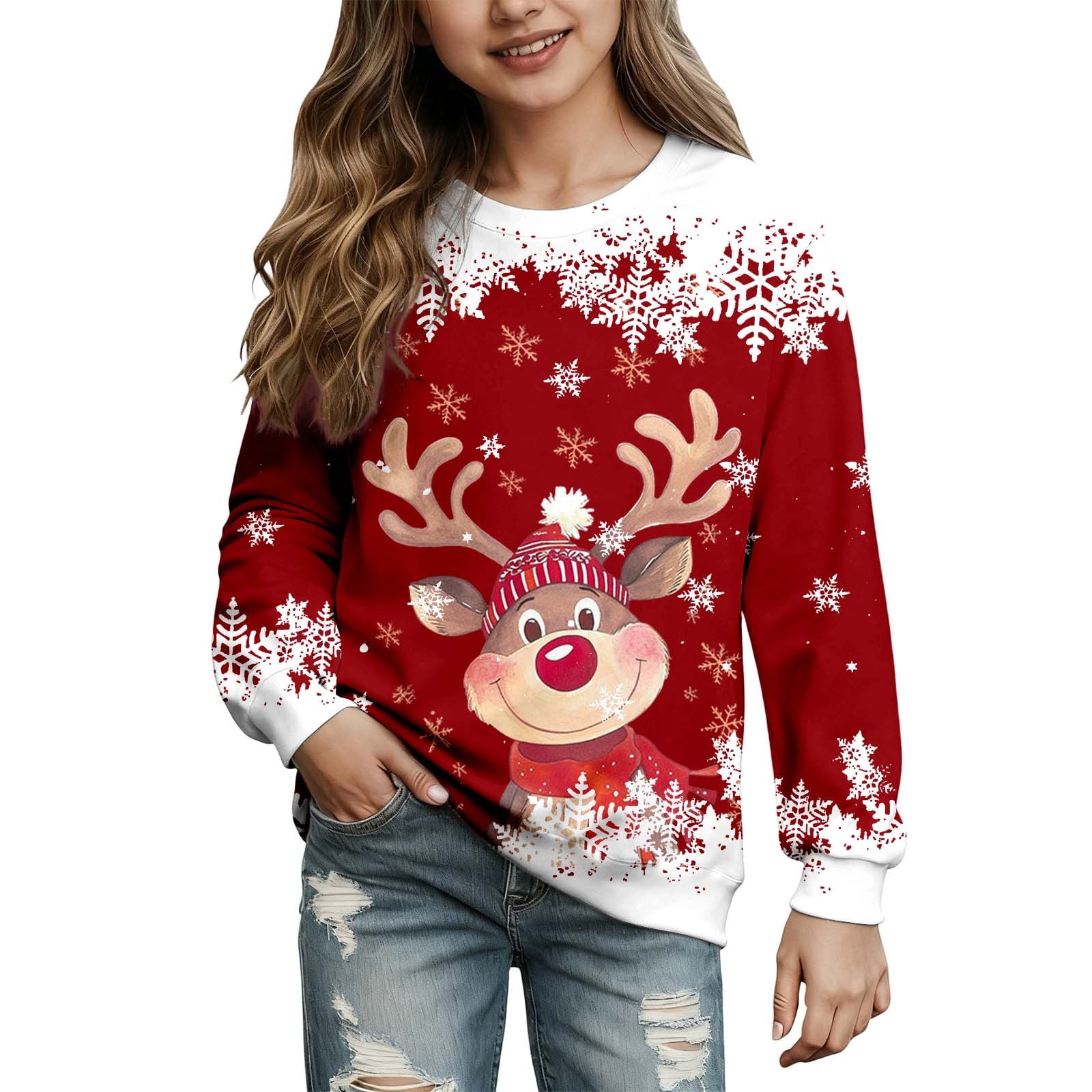 Byoo Big Girls Christmas Sweatshirt Reindeer Print Full Sleeve Round ...