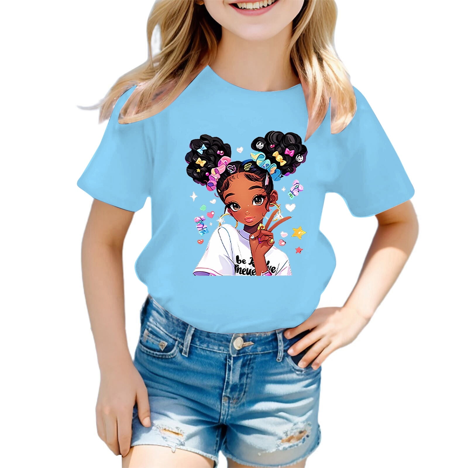 Byoo Big Girls Cute Cartoon Girl Print T Shirt Cold Shoulder Short ...