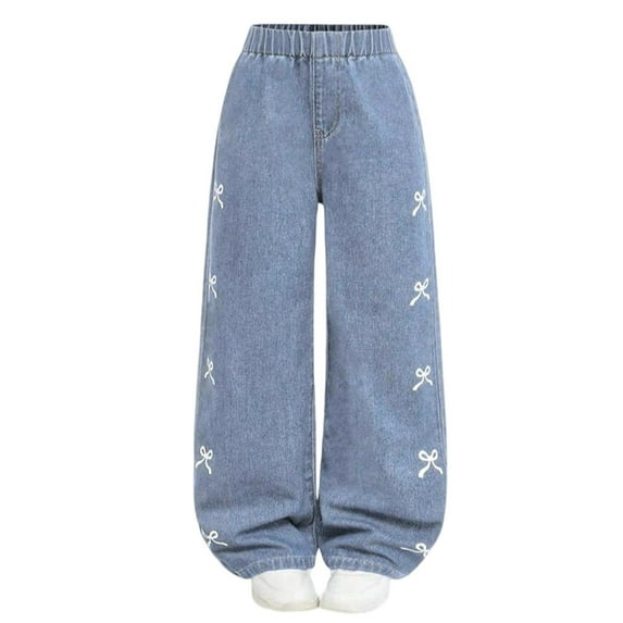 Byoo Big Girls Denim Pants Cute Bow Embroidery Straight Fit Wide Leg ...