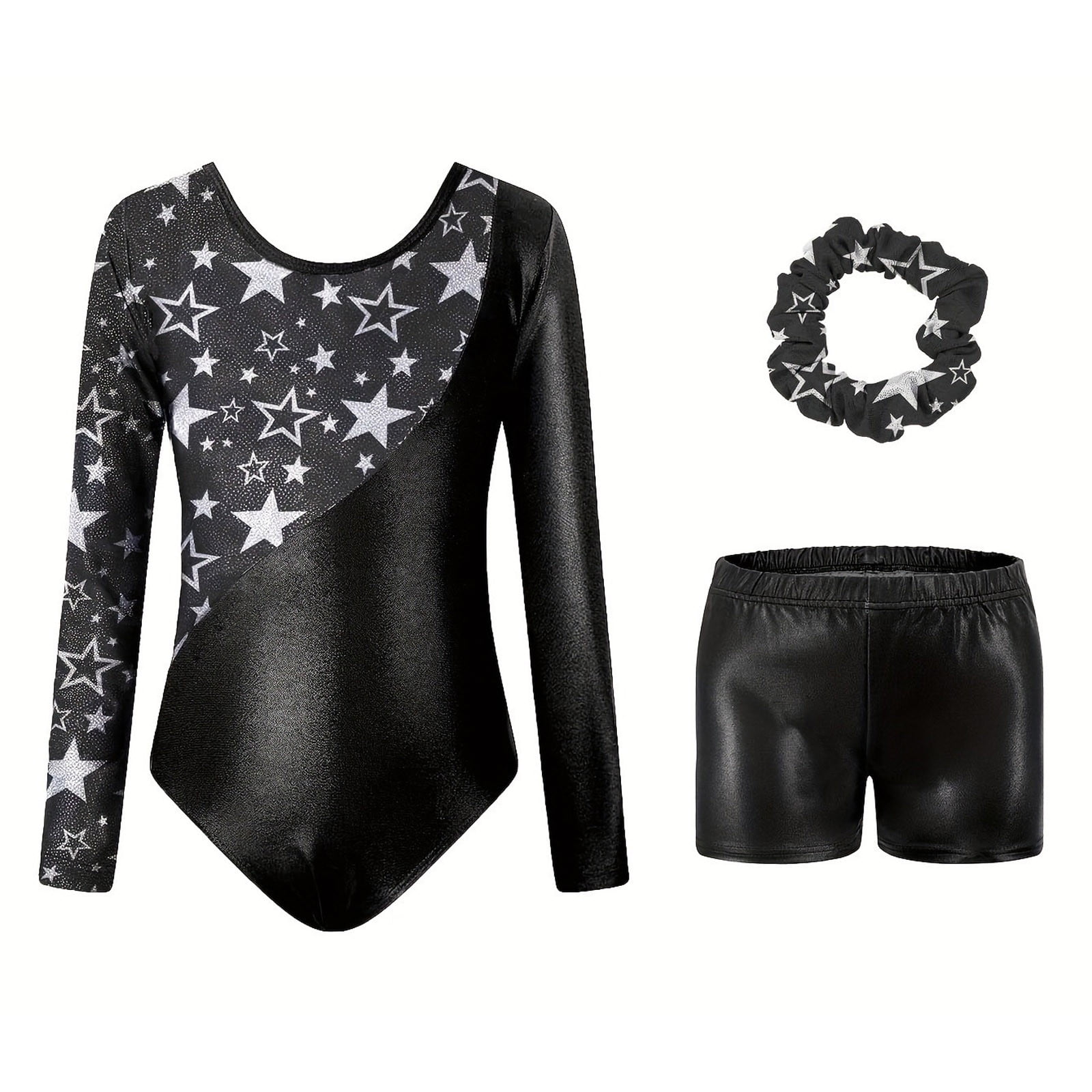 Byoo Big Girls' Gymnastics Leotard Set Shiny Stretch Long-Sleeve Star ...