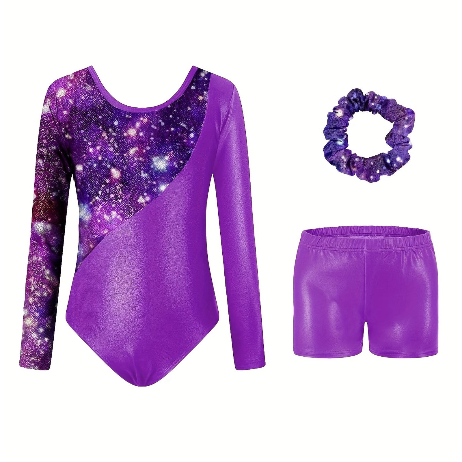 Byoo Big Girls' Gymnastics Leotard Set Shiny Stretch Long-Sleeve Star ...