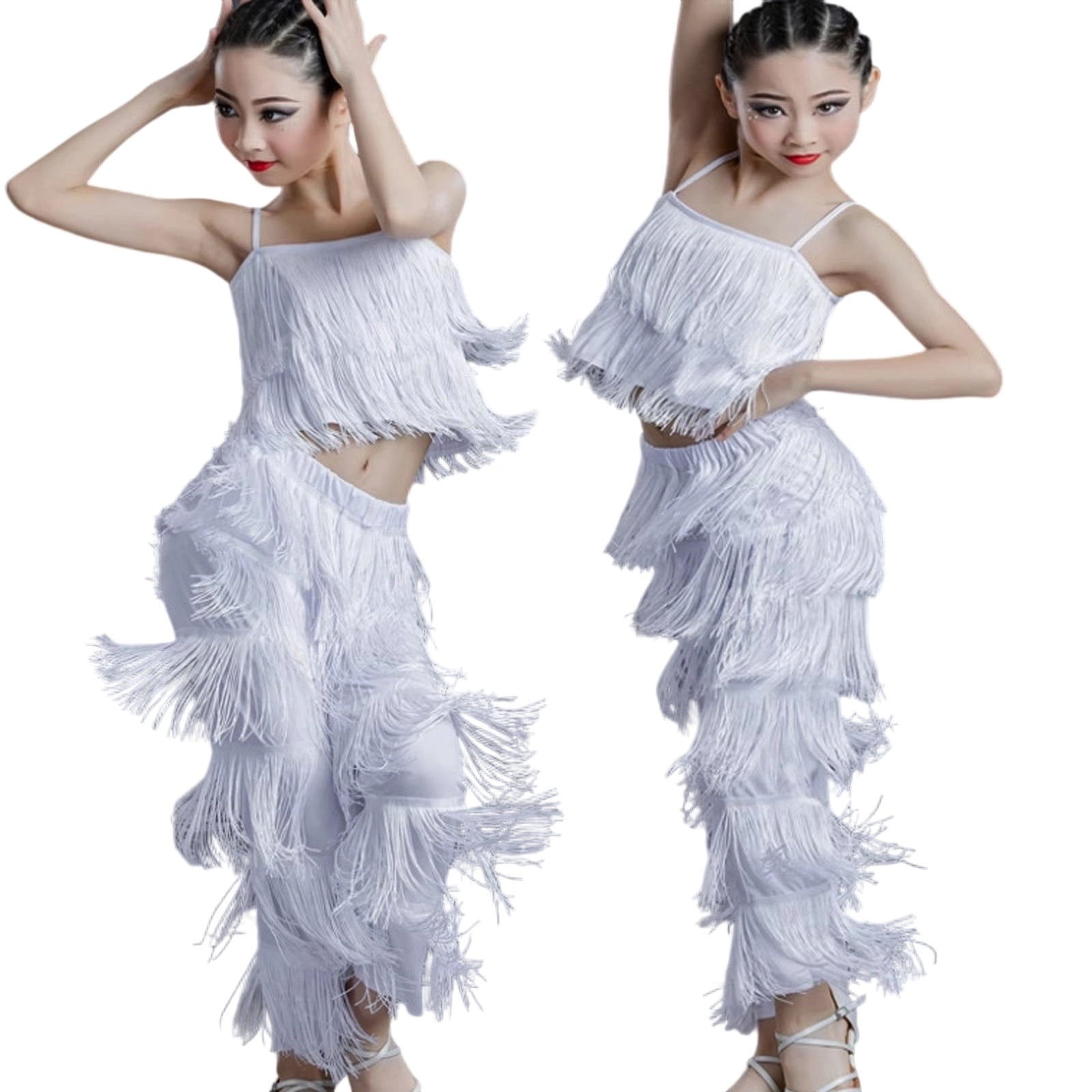 Byoo Big Girls Latin Ballroom Dance Outfits Set Tassel Solid Color ...