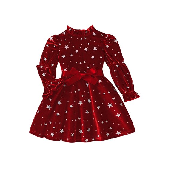 Byoo Big Girls Star Print Velvet Dress Ruffle Neck Long Sleeve Dress ...