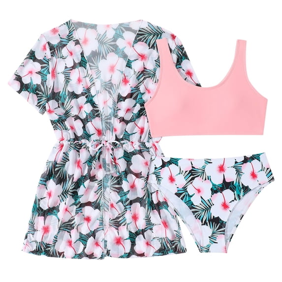 Byoo Big Girls UPF 50+ Three Piece Bikini Set Floral Print Cover Up ...
