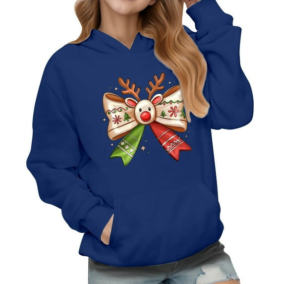 Byoo Christmas Hoodie for Little Girl Bow Graphic Kangaroo Pocket Long ...