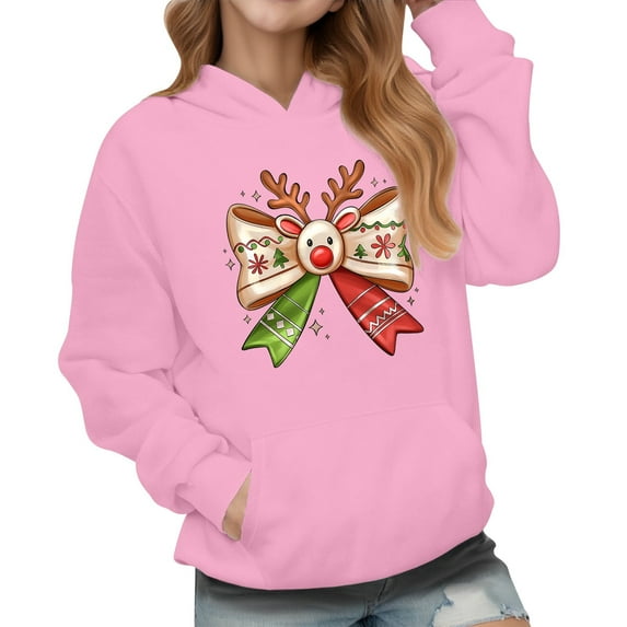 Byoo Christmas Hoodie for Tween Girl Bow Graphic Kangaroo Pocket Long ...