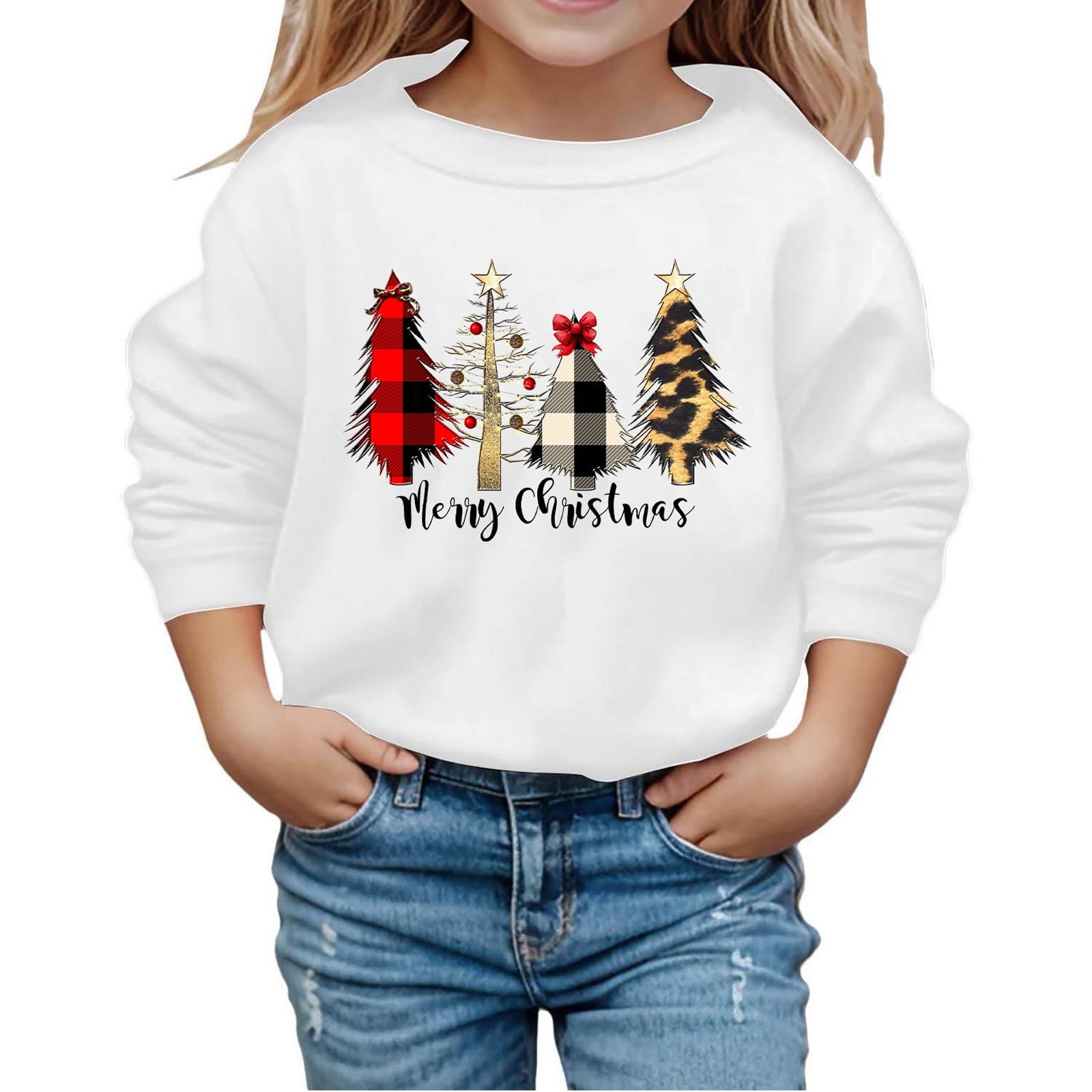 Byoo Christmas Little Girls Sweatshirt Tree Print Round Neck Casual Top ...