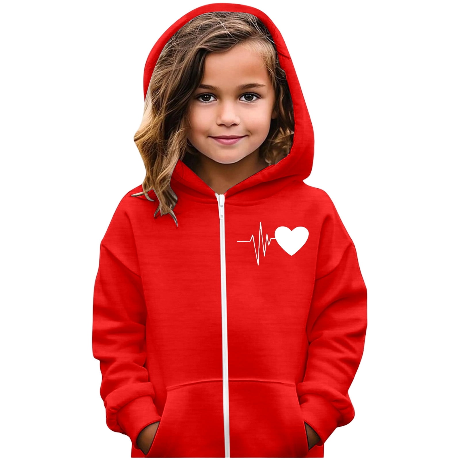 Byoo Girls Hoodies Zip Cute Heart Print Kangaroo Pocket Solid Pullover ...