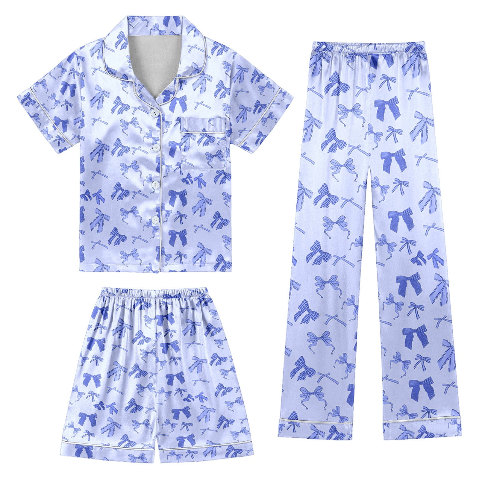 Byoo Girls Pajama Set Bow Print Satin Button Down Shirt Shorts Pants ...