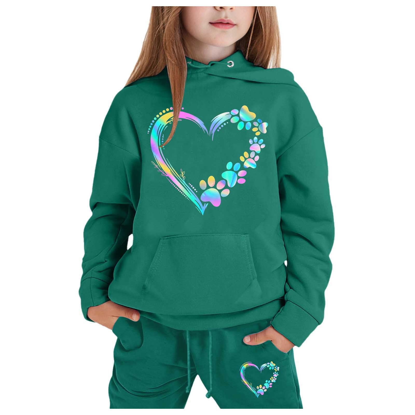 Byoo Heart Print Tween Girls Outfit Set Full Sleeve Sweatshirt ...
