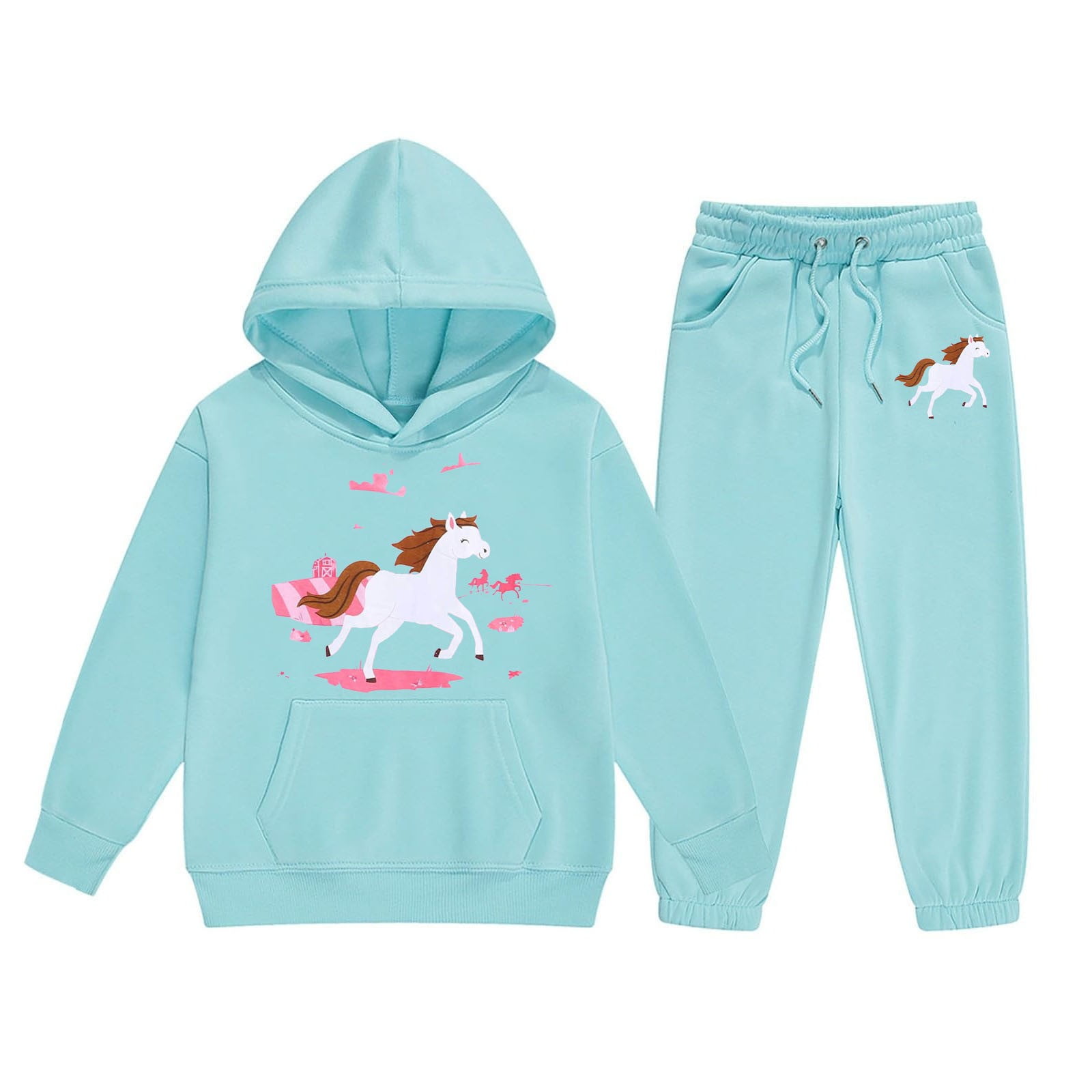Byoo Horse Print Outfits Pocket Hooded Sweatshirt Drawstring Joggers ...