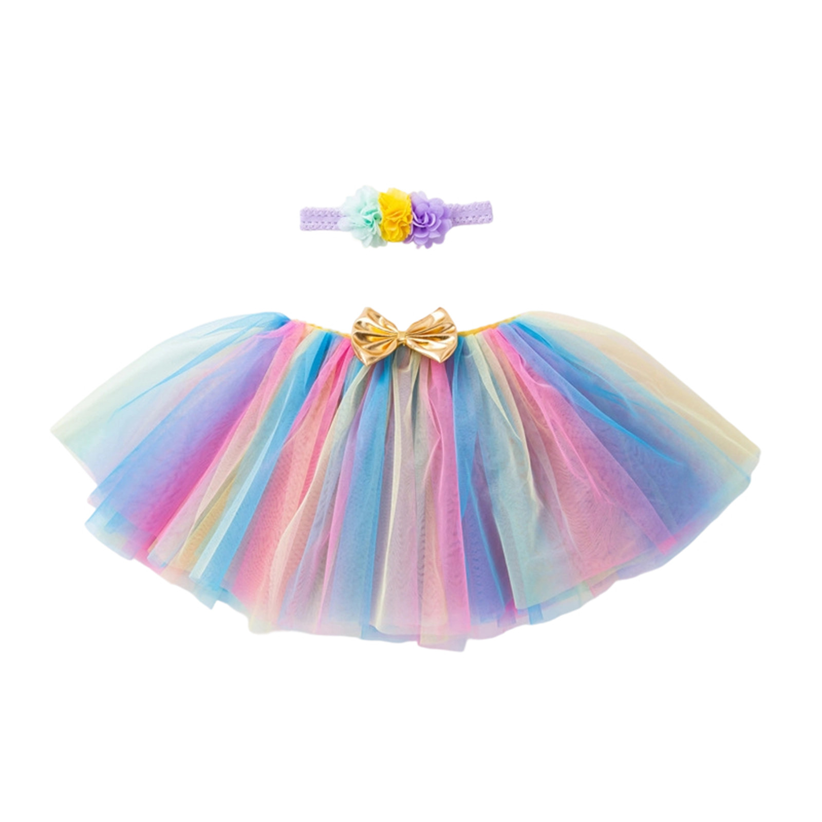 Byoo Girls' Rainbow Tutu Skirt with Gold Bow Elastic Waist Tulle Tutu ...