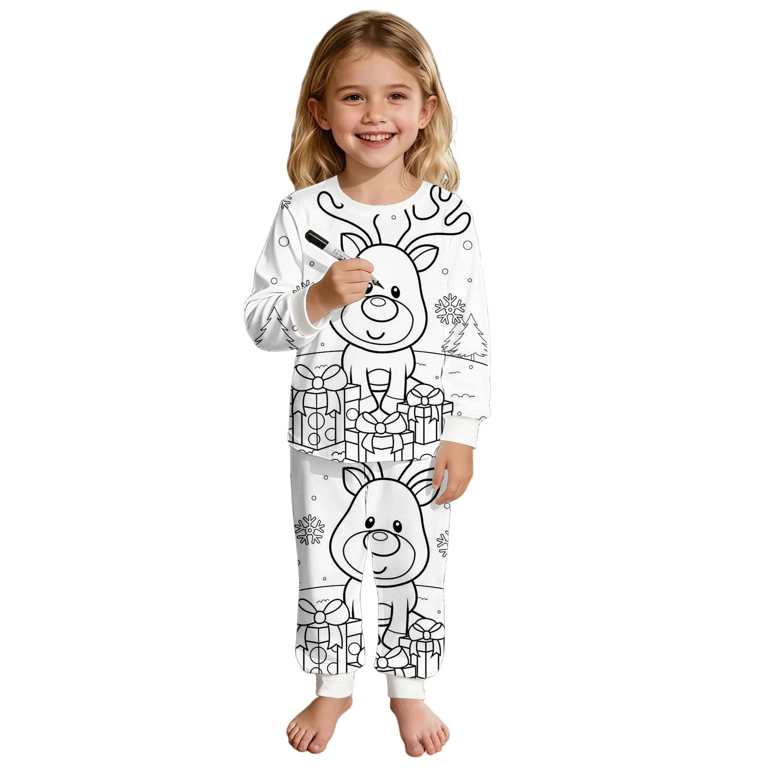 Byoo Little Girl Outfit Christmas Colouring Reindeer Graphic Tee Pants ...