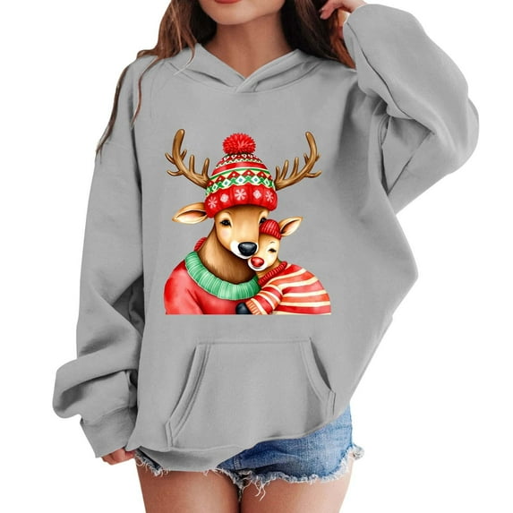 Byoo Little Girl Oversize Hoodie Christmas Reindeer Graphic Xmas ...