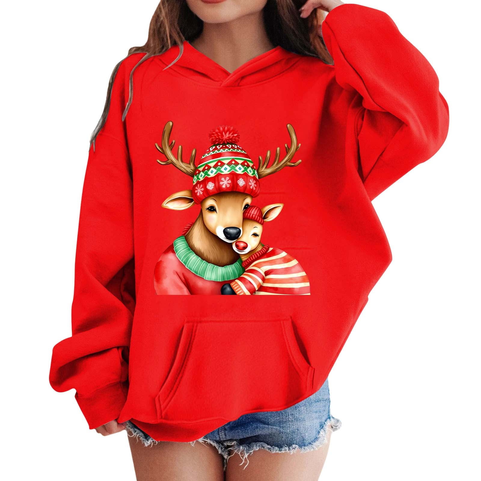 Byoo Little Girl Oversize Hoodie Christmas Reindeer Graphic Xmas ...