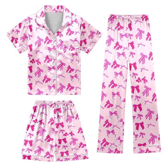 Byoo Little Girls Bow Print Satin Homewear Set Button Up Top Pants Soft ...