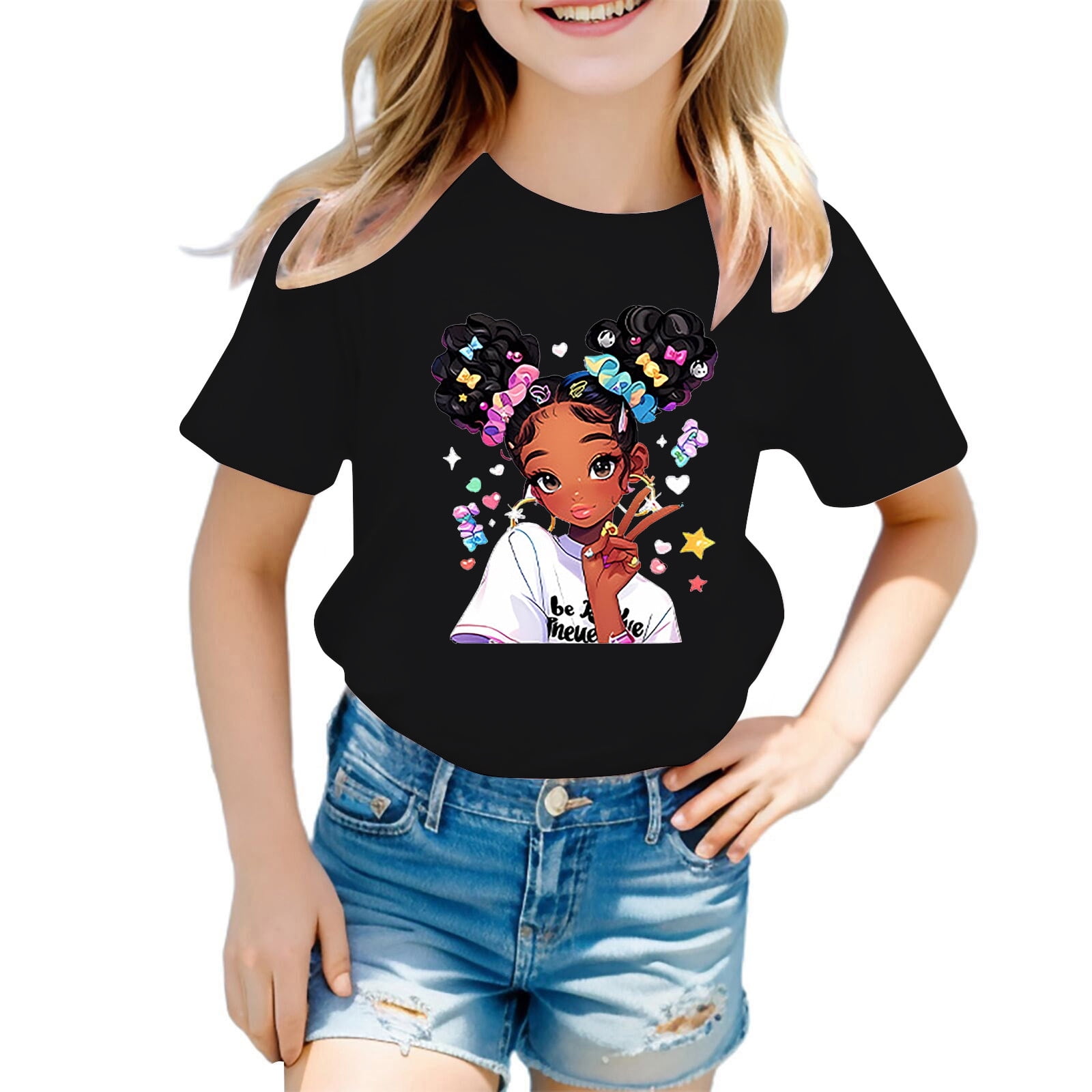 Byoo Little Girls Cute Cartoon Girl Print T Shirt Cold Shoulder Short ...