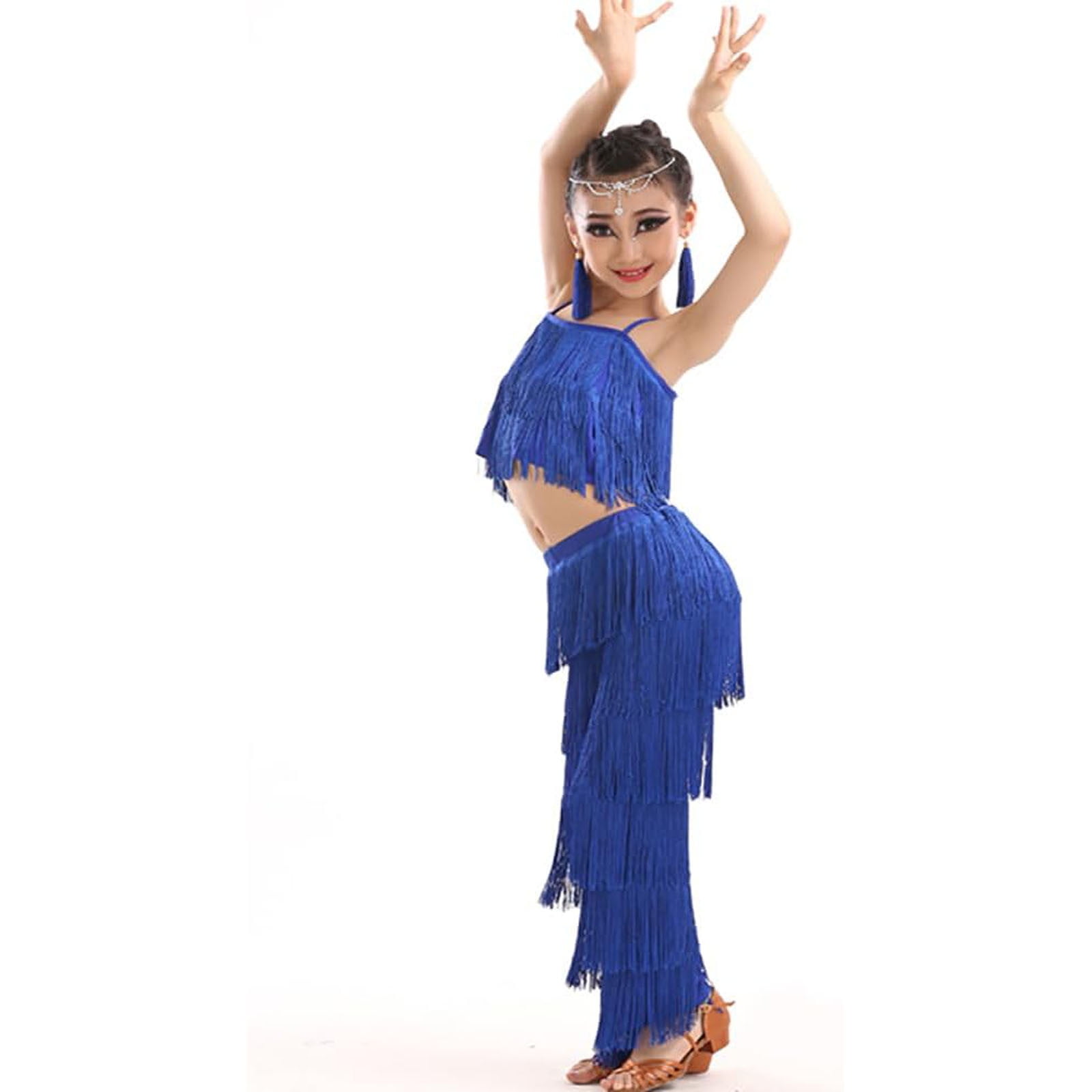 Byoo Little Girls Latin Ballroom Dance Outfits Set Tassel Solid Color ...