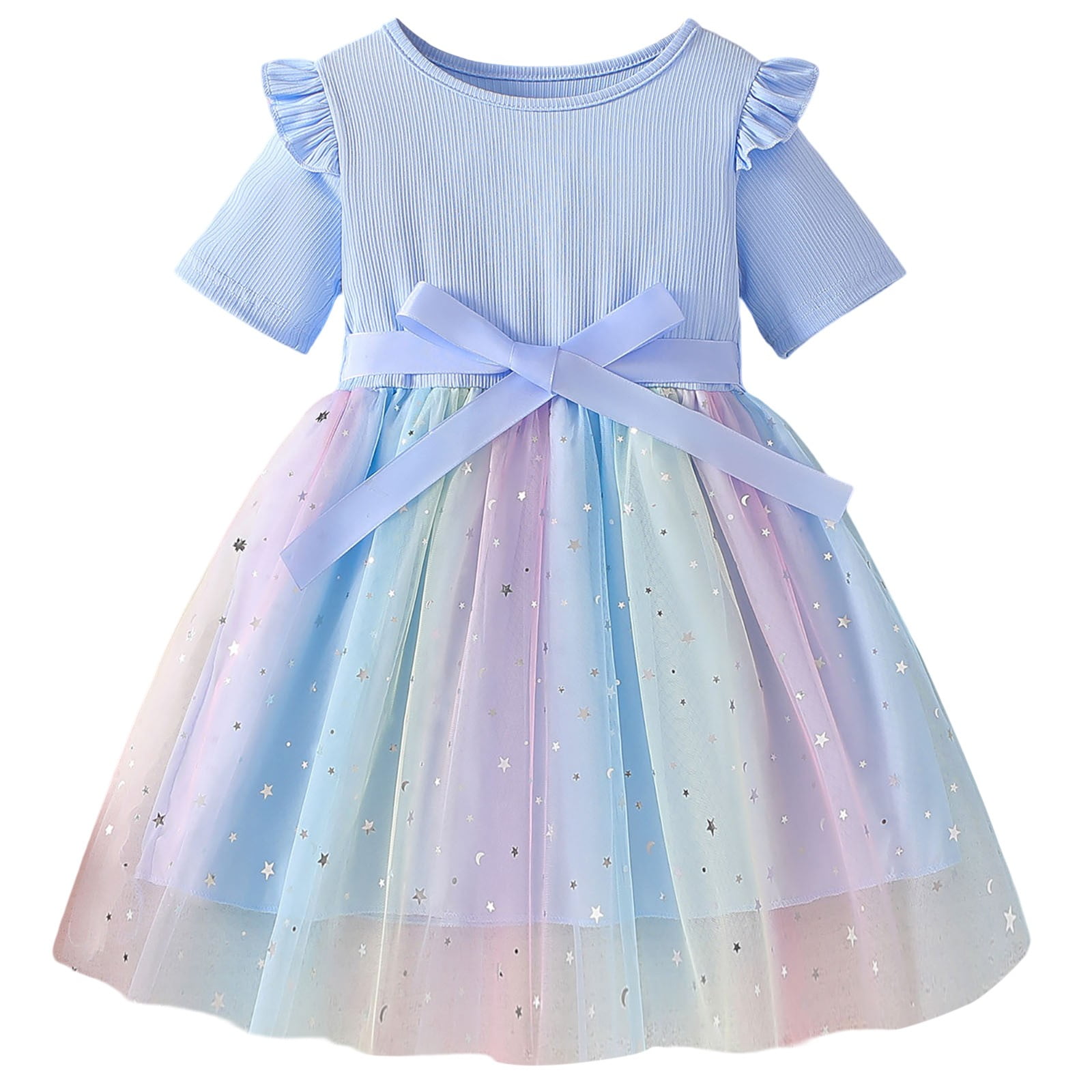 Byoo Little Girls' Mesh Dress Solid Color Gradient Knit Short Sleeve ...