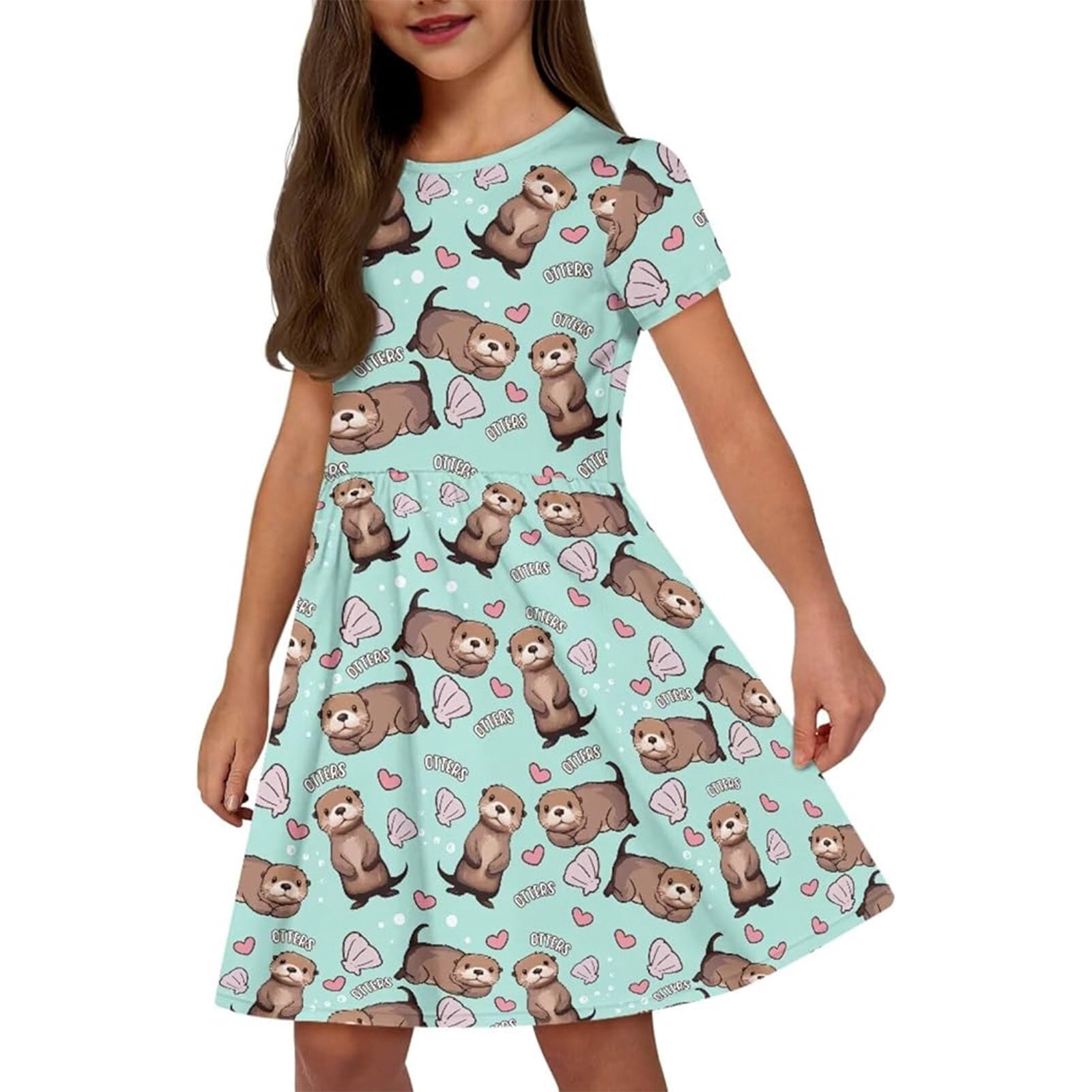 Byoo Little Girls Summer Dress Casual Otter Print Short Sleeve A Line ...