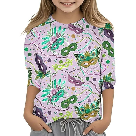 Byoo Mask Printed Big Girl Top Mardi Gras 3/4 Sleeves Crew Neck Loose ...