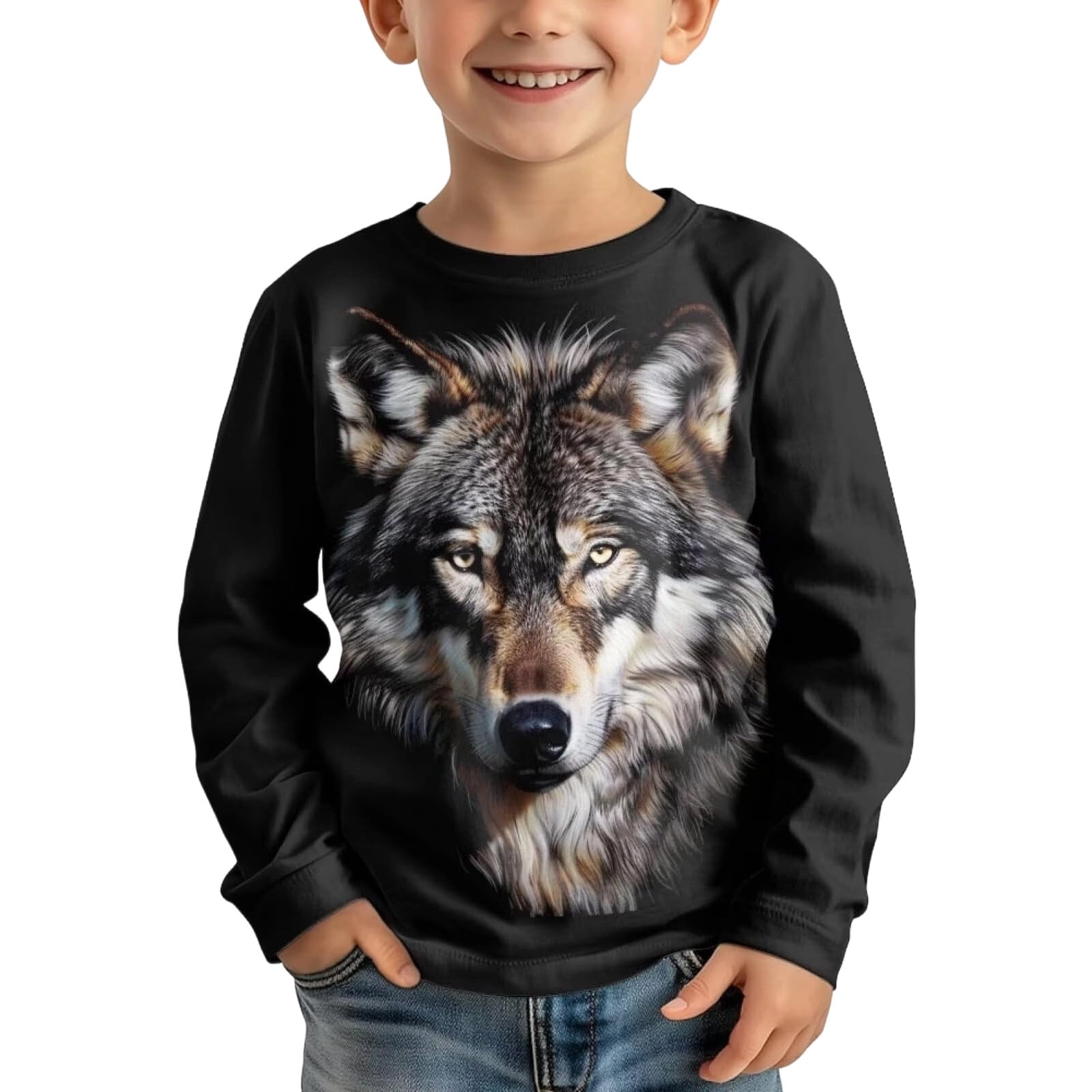 Byoo Boys Crewneck Tee Shirt Realistic Wolf Print Long Sleeve Animal ...