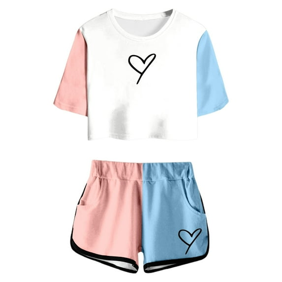 Byoo Teen Girl Sweatsuit Sets Heart Print Short Sleeve O-Neck Pullover ...
