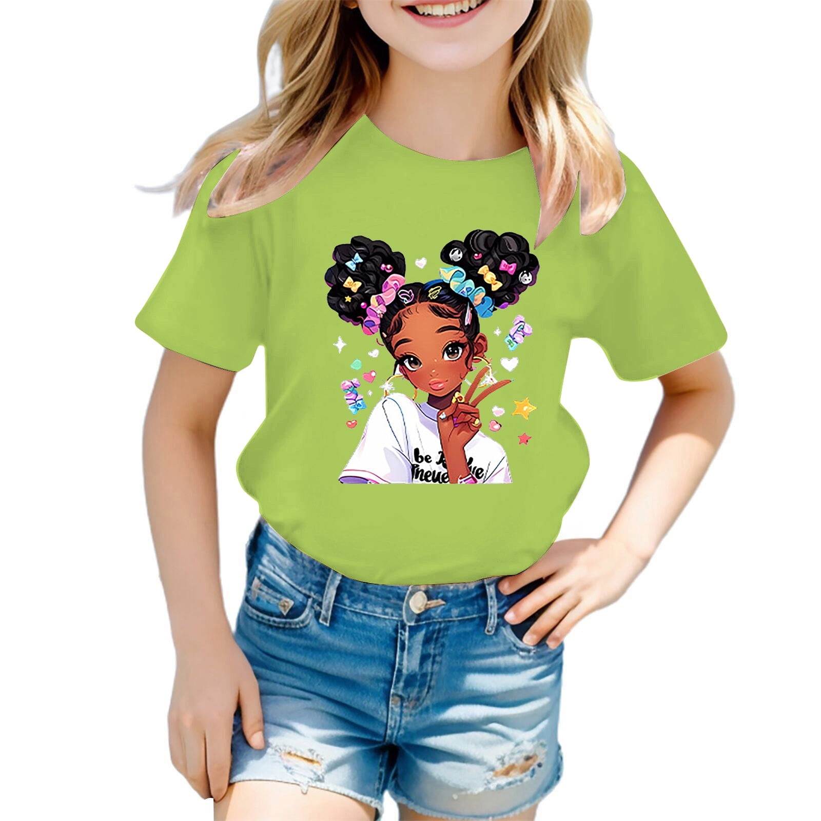Byoo Girls Cute Cartoon Girl Print T Shirt Cold Shoulder Short Sleeve ...