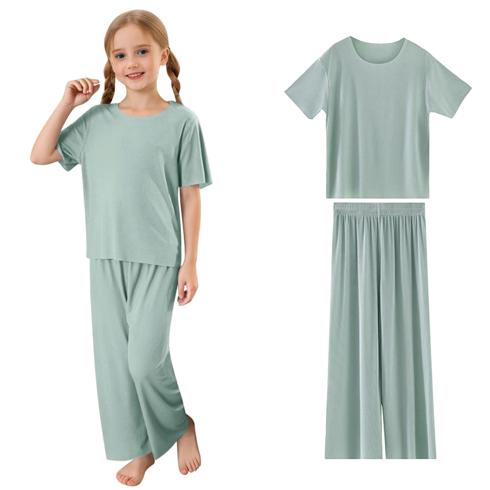 Byoo Teen Girls Soft Outfit Solid Round Neck Short Sleeve Shirt Wide Leg Pants Loungewear Kids ...