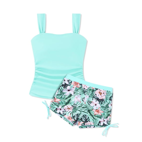 Byoo Girls UPF 50+ Tankini Set Ruched Solid Top Floral Drawstring ...