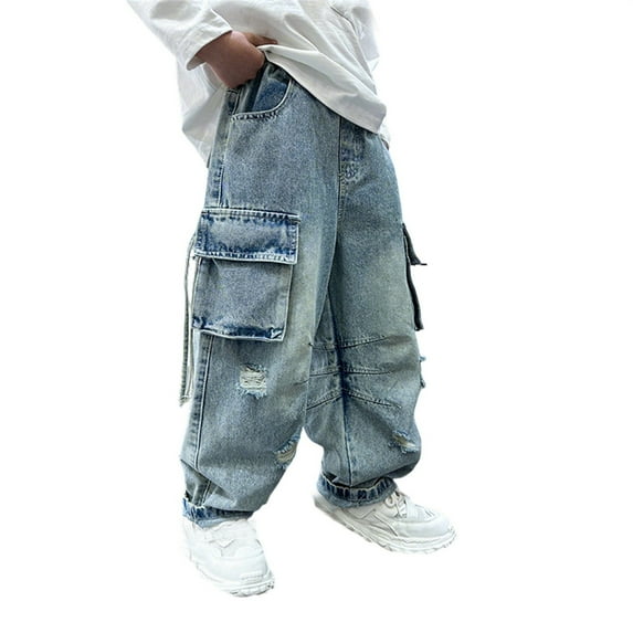 Byoo Toddler Boys Baggy Cargo Jeans Solid Color Light Washed Wide Leg ...