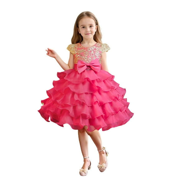 Byoo Toddler Girls Party Gown Solid Color Short Sleeve Crew Neck Cake ...