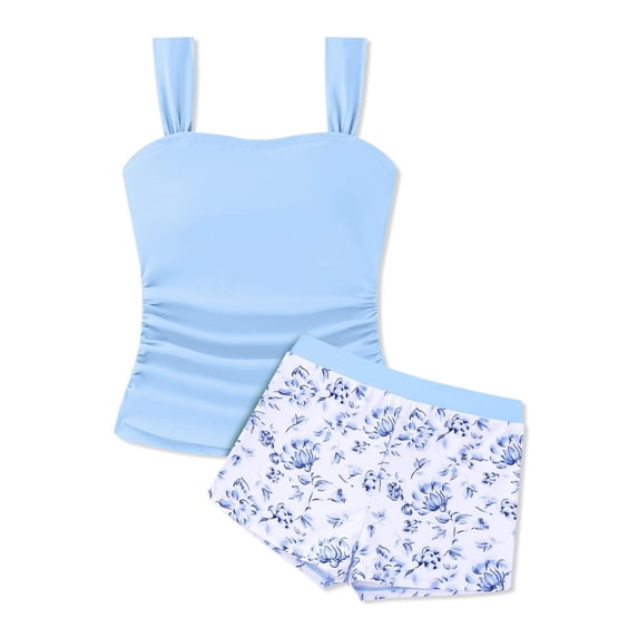 Byoo Tween Girl Ruched Tankini Swimwear Wide Strap Printed Shorts Beach ...