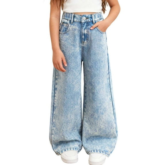Byoo Tween Girl Washed Denim Pants Straight Wide Leg Elastic High Waist ...
