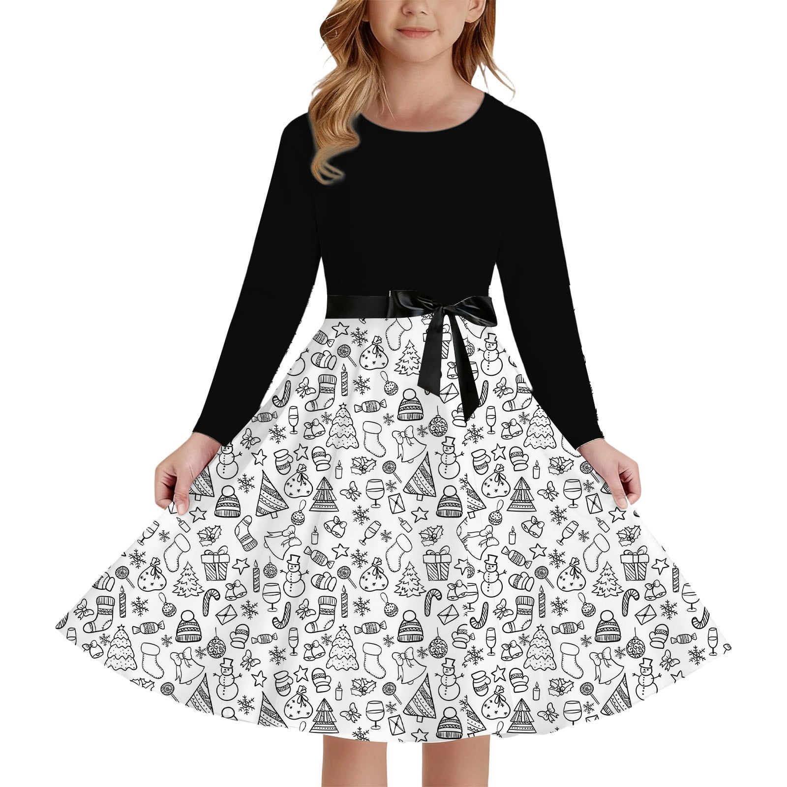 Byoo Tween Girls' Black White Doodle Dress Long Sleeve Bow Detail ...