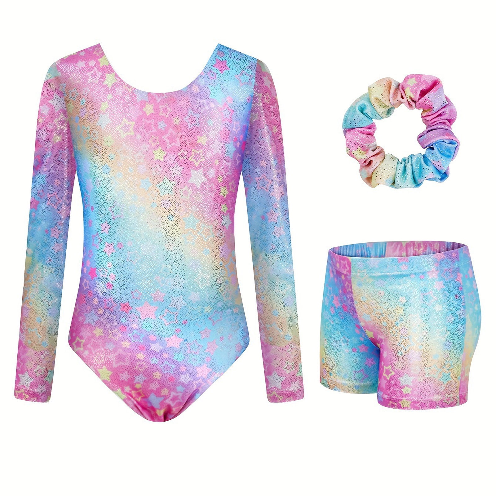 Byoo Tween Girls' Gymnastics Leotard Set Shiny Stretch Long-Sleeve Star ...