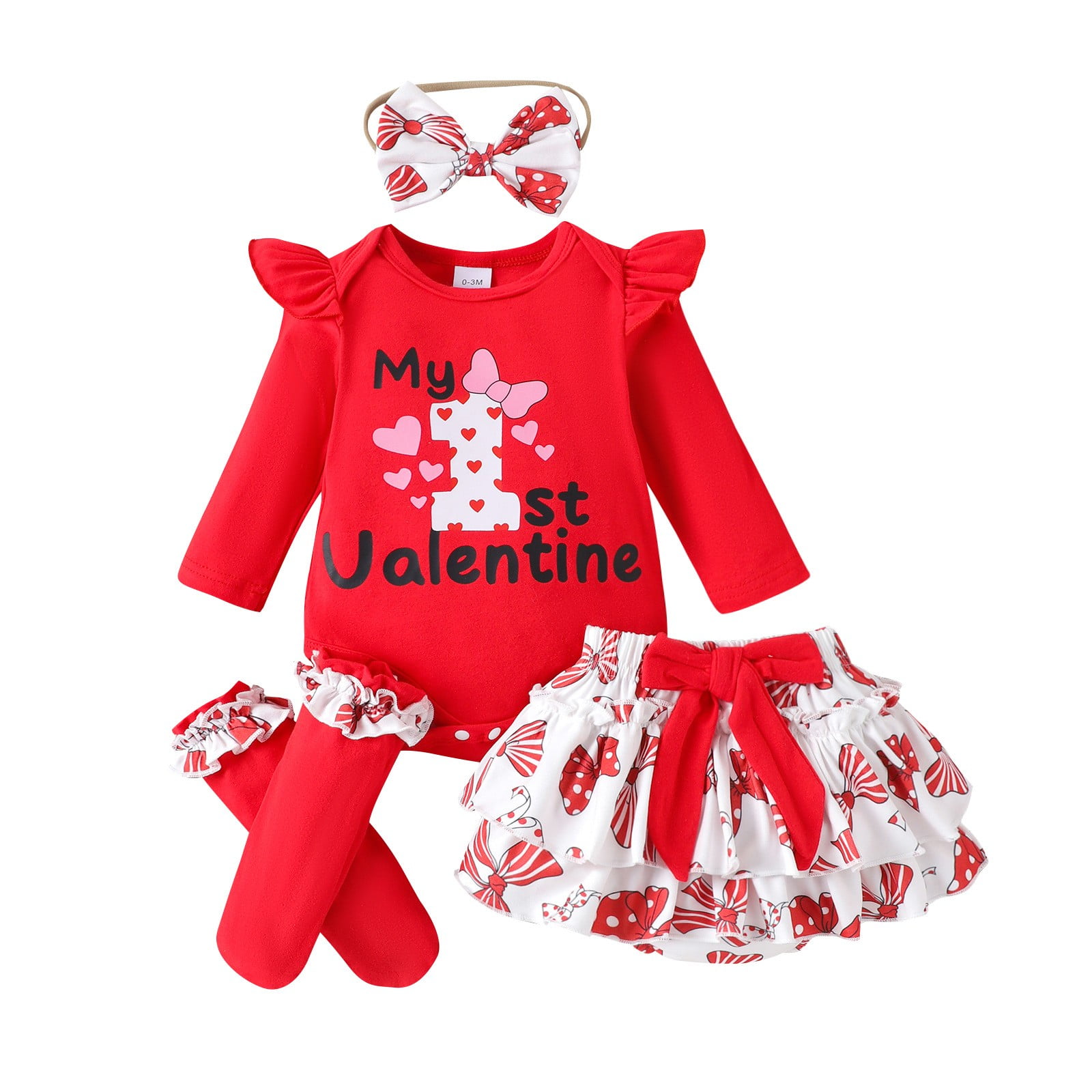 Byoo Valentines Day Newborn Girl Outfit Set Heart Printed Ruffles Long ...