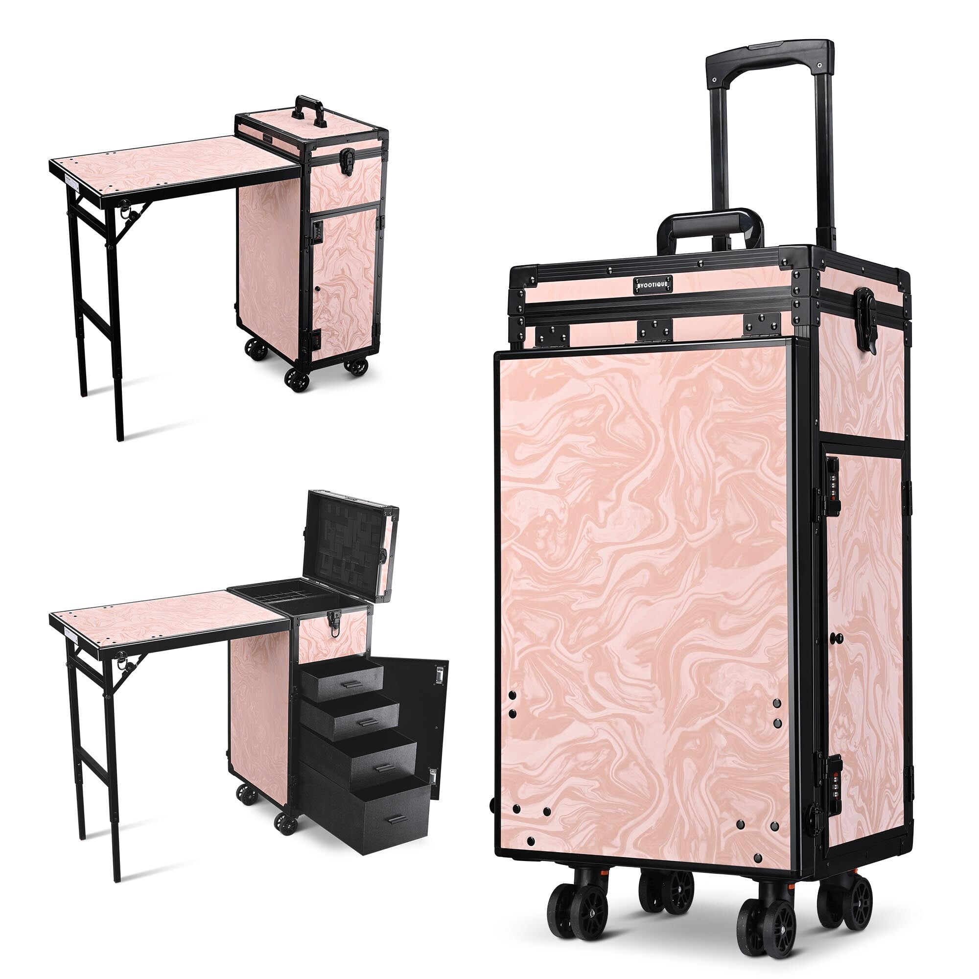 Byootique Aluminum Rolling Makeup Train Case withTable Nail Foldable ...