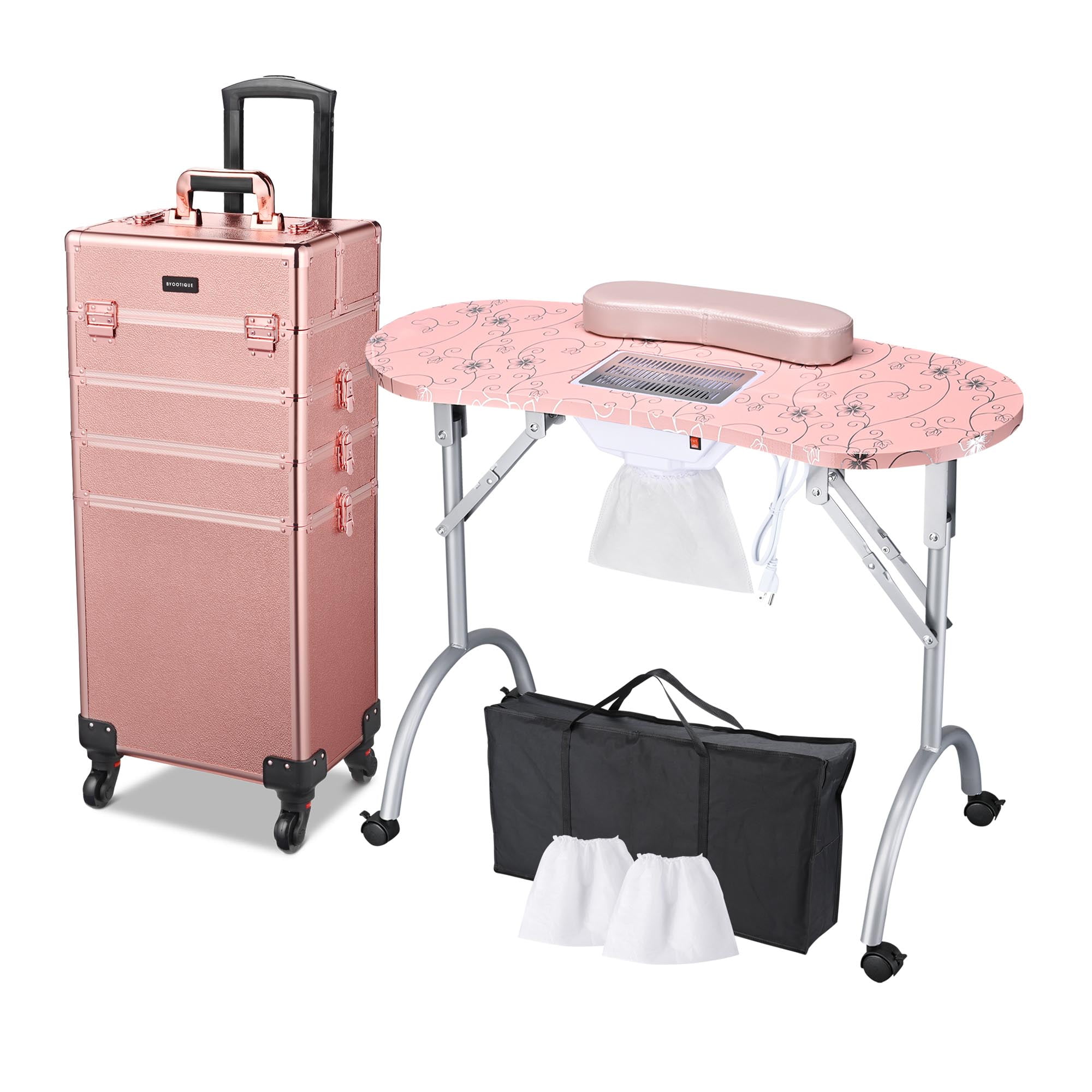Byootique Foldable Manicure Nail Table 4in1 Rolling Makeup Train Case ...