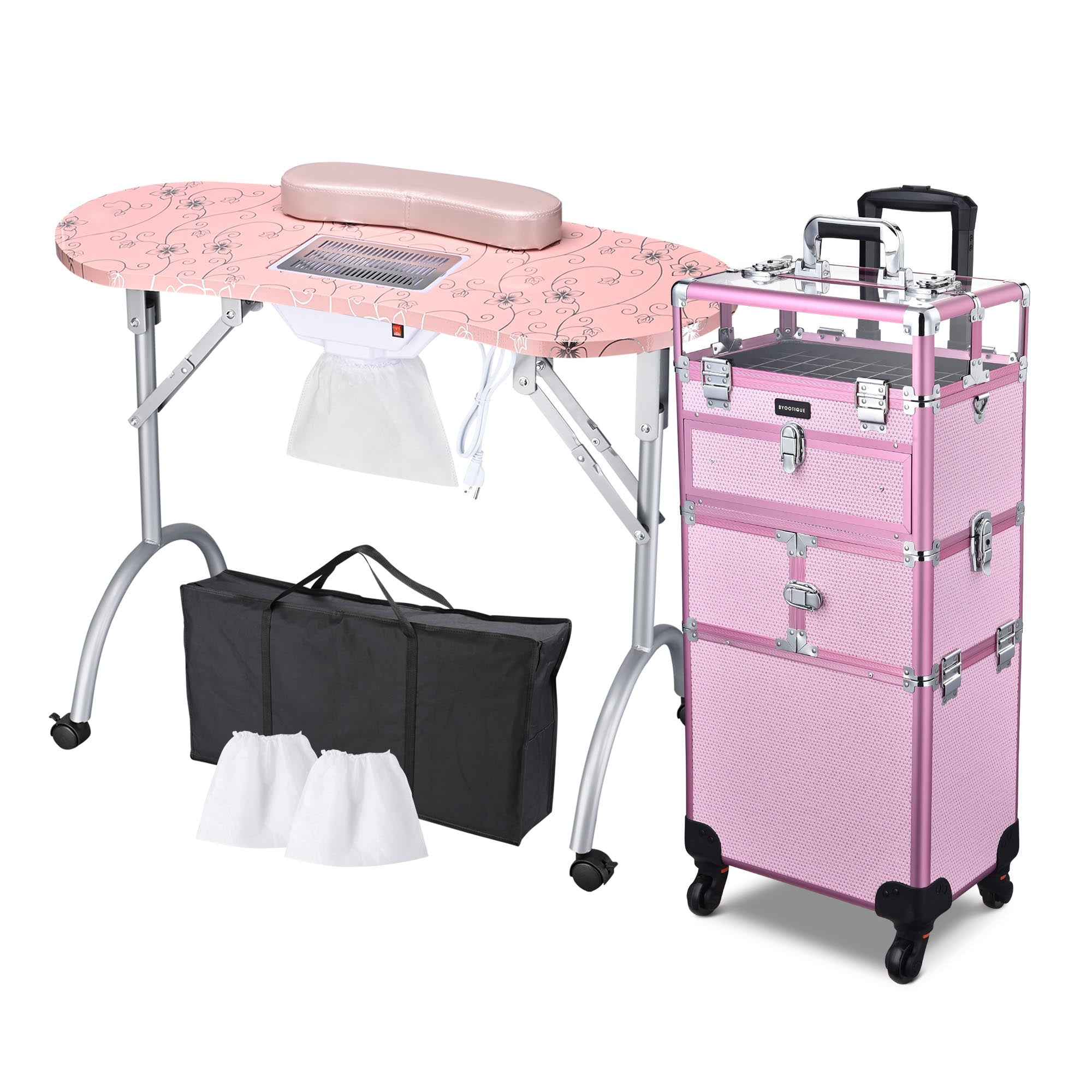 Byootique Folding Manicure Nail Table 2in1 Rolling Makeup Train Case ...
