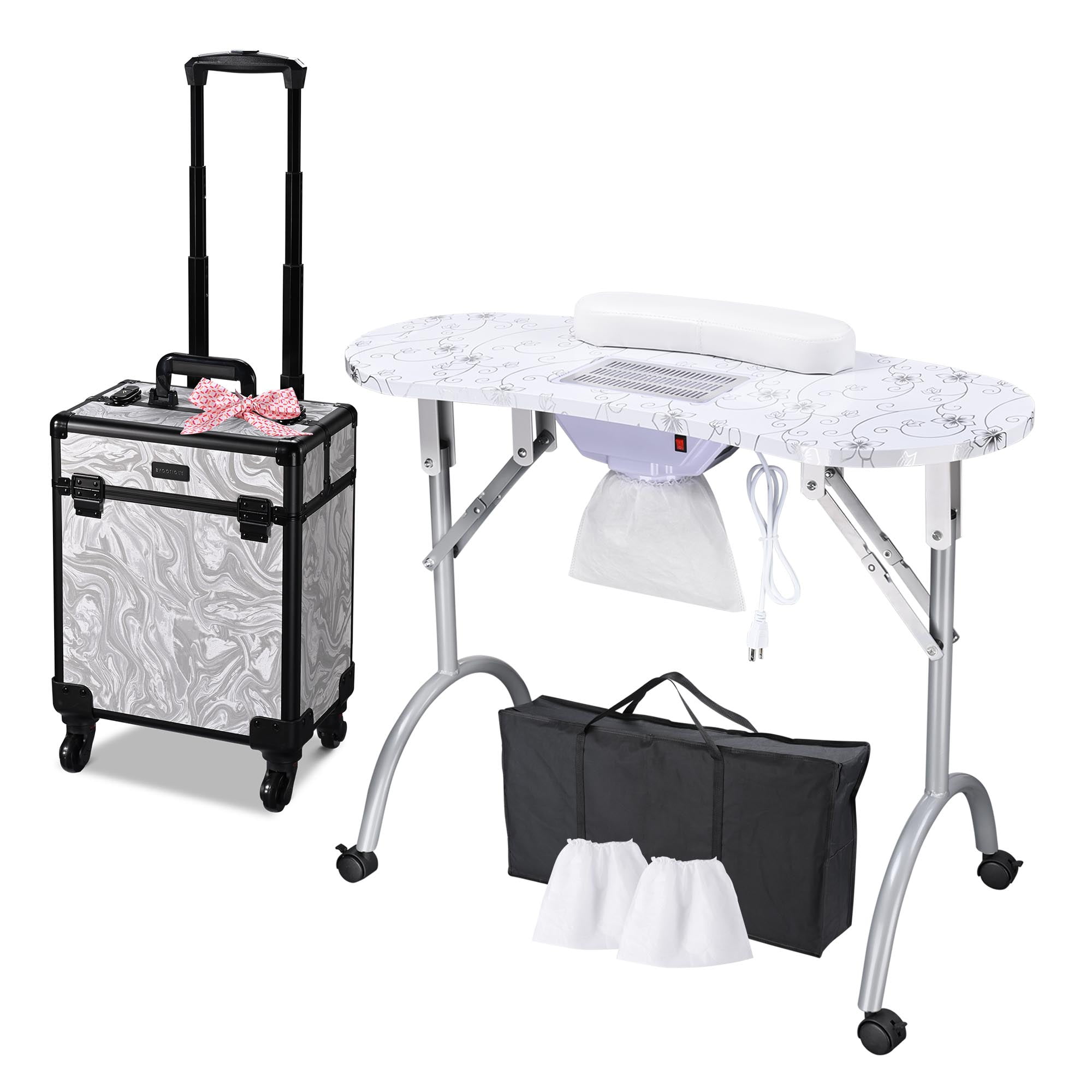 Byootique Folding Manicure Nail Table & Rolling Makeup Train Case CB ...
