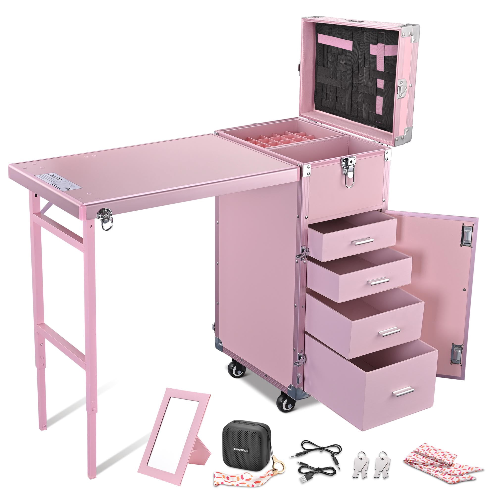 Byootique Nail Desk Mobile Station Rolling Makeup Train Case Manicure ...