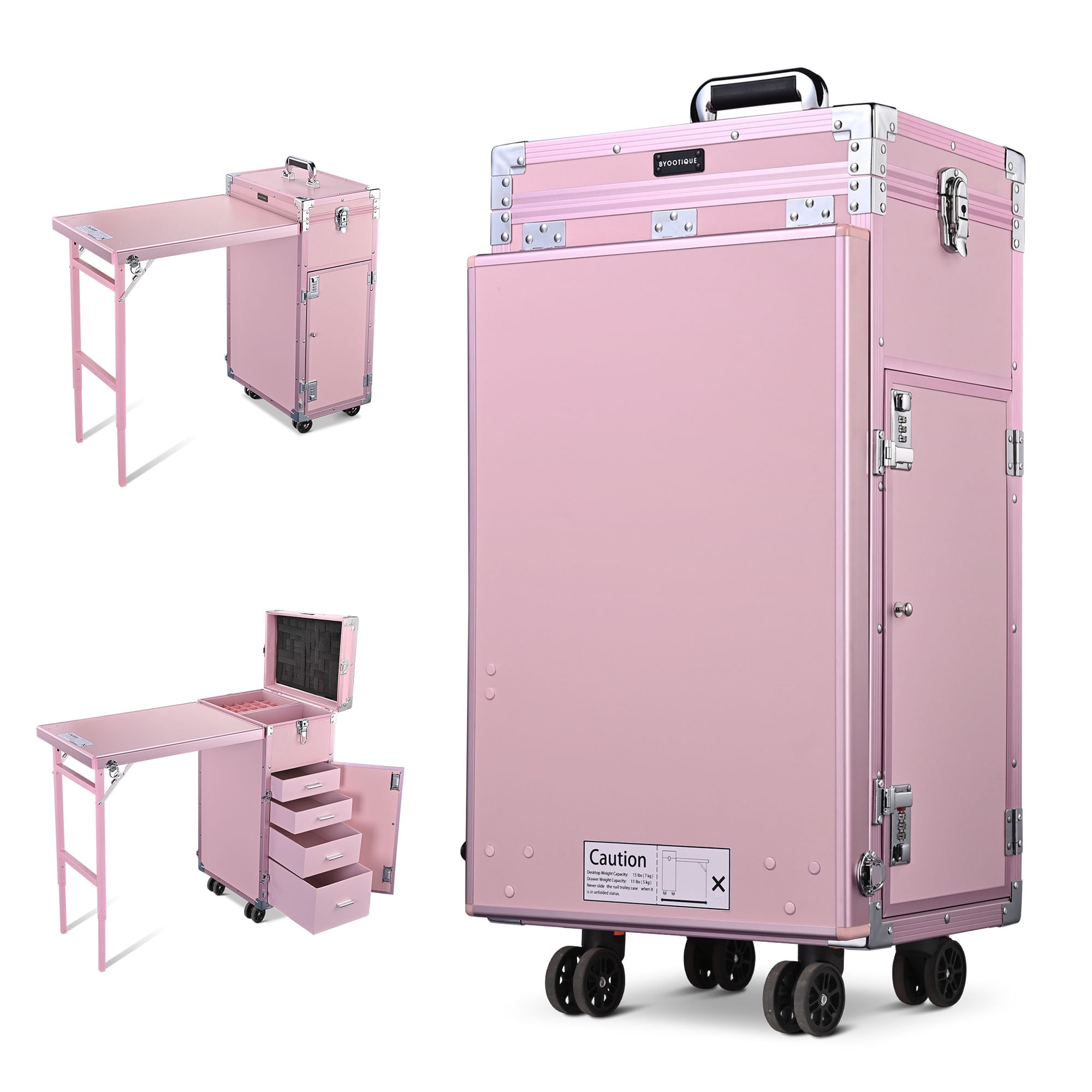 Byootique Portable Pink Trolley, Makeup Train Case, Nail Desk Mobile ...